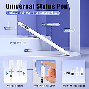 TiMOVO Stylus Pen for Touch Screens, Fast Charge Stylus Pen for Apple iPad/iPhone/Android/iOS/Samsung/Lenovo/Fire Tablets Smart Phone Stylus Capacitive Screen Writing Pencil with Power Display, White