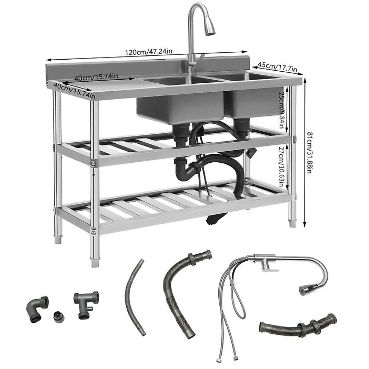 Commercial Restaurant Sink,Stainless Steel Utility Sink Free-standing Kitchen Sink,Double Bowl Kitchen with Strainer, 201 Stainless Steel Freestanding Kitchen,Hand Washing Sink with Side Splashes