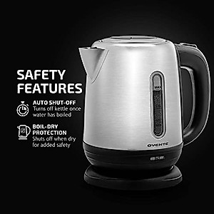 Ovente Electric Tea Kettle Stainless Steel 1.2 Liter Portable Instant Hot Water Boiler Heater 1100W Power Fast Boiling with Cordless Body and Automatic Shut Off for Coffee Milk Chocolate Silver KS22S