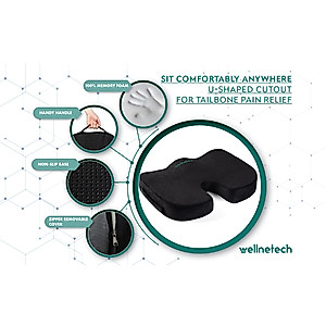 Wellnetech Seat Cushion Non-Slip Sciatica & Back Coccyx Tailbone Pain Relief Car Seat Cushion All-Day Sitting Comfort for Office Desk Gaming Chair. Enhanced Gel Memory Foam Seat Cushion