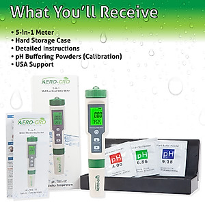 AERO-GRO Digital 5-in-1 Meter: 5 Functions: pH, TDS, EC, Salinity%, Salinity ppm, and Temp, IP67 Waterproof, Pen-Type Tester for Hydroponics, Water, Wine, Spas, Aquariums