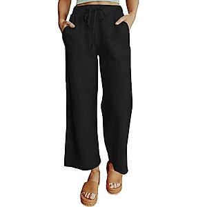 Dokotoo Women's Ladies 2024 Summer Beach Casual Linen Elastic High Waisted Drawstring Comfy Elegant Wide Leg Loose Flowy Long Palazzo Pants for Women Trousers with Pockets Black XL