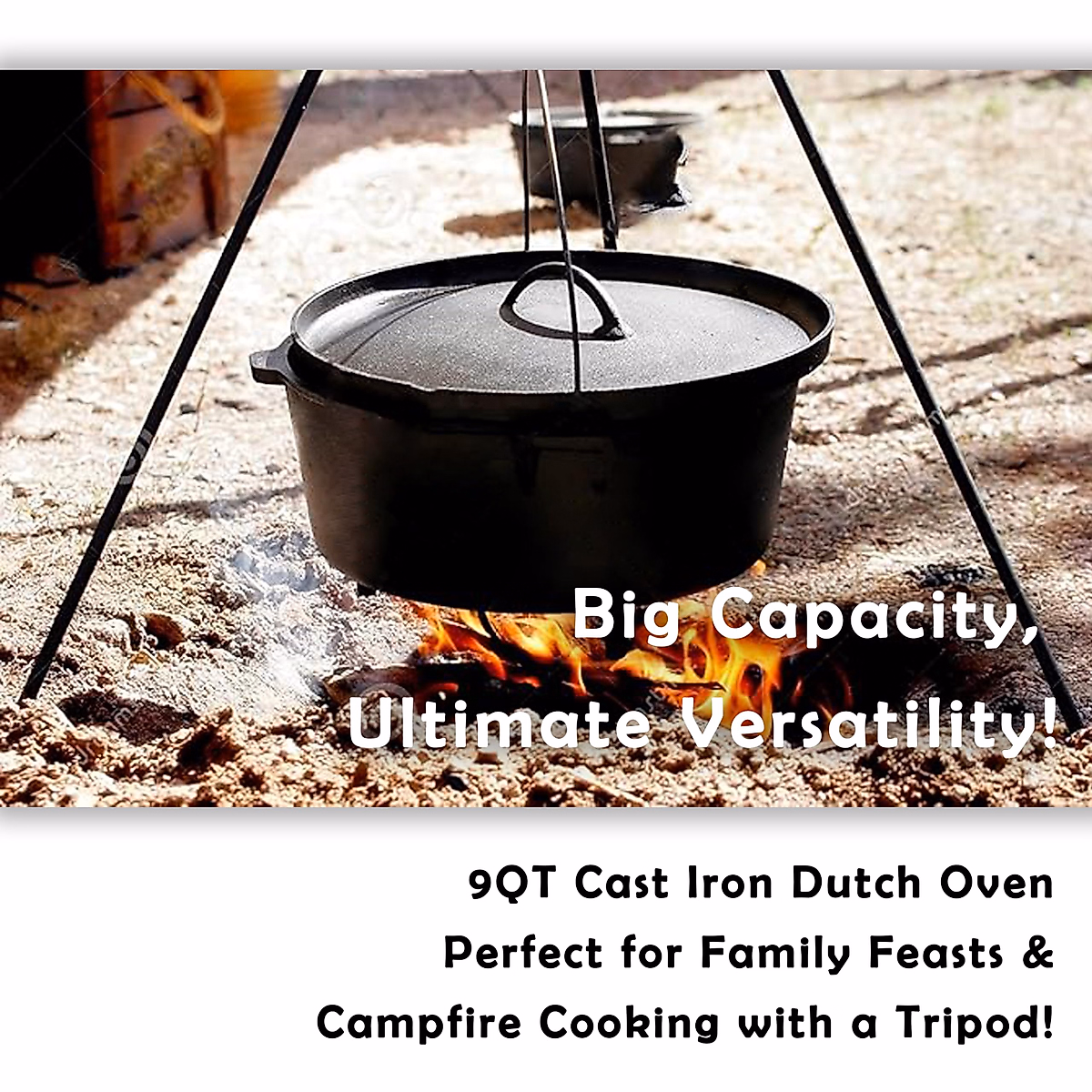 Cuisiland 9 Quart Cast Iron Dutch Oven with Lip Lid & 3 legs – Pre-Seasoned Camping Pot for Outdoor Cooking, Roasting, and Baking – Heavy-Duty Campfire Cookware with Even Heat Distribution