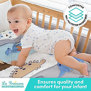 La Premura Baby Crib Bedding Set for Boys – Dinosaur 3 Piece Standard Size Nursery Crib Comforter Set, Grey/Blue - Unisex Baby Nursery Bedding and Neutral Decor