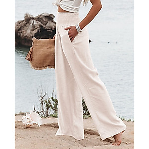 Women Cotton Linen Pants Elastic High Waisted Palazzo Lounge Pants Loose Beach Trousers with Pockets (White, XL)