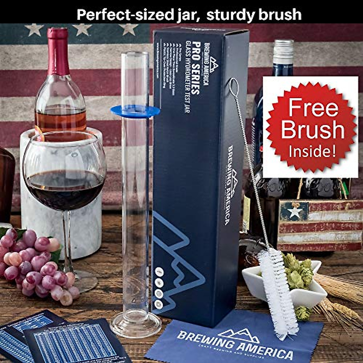 Glass Hydrometer Test Tube Jar & Cylinder Brush - Narrow Flask for Alcohol by Volume Test - Moonshine, Homebrew Beer, Home Wine Making Kits, Borosilicate Glass 3.3