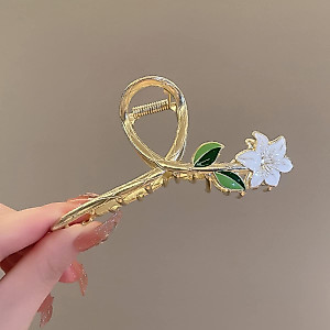 Hair Claw Clips Acrylic Barrette Crab Headband Ponytail Thick Gold Curly Hair Clip Gothic Styling Accessories White Lily Flower Metal 4.3 Inches Non-slip Suitable for Women Beauty Decor