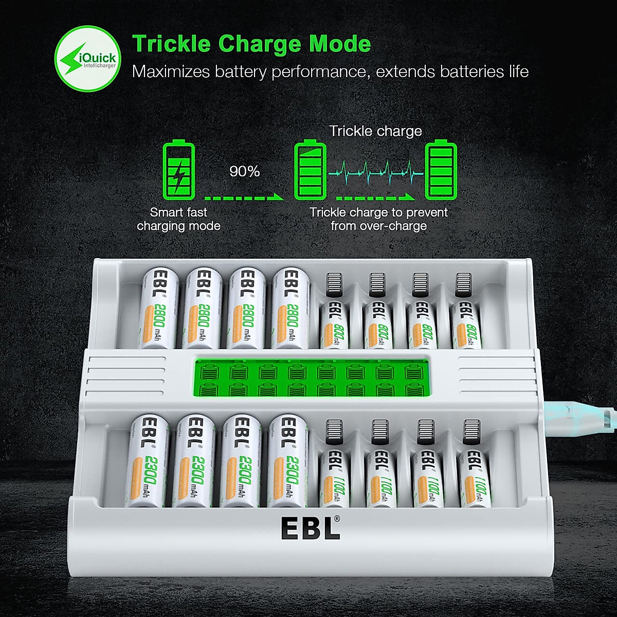 EBL AA Battery Charger, 16 Bay Batteries Charger with 1-Hour Fast Charging with LCD Display and AC Plug Cable for AA AAA NiMH Rechargeable Batteries