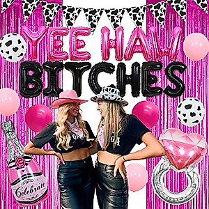 Western Bachelorette Party Decorations, Hot Pink and Black Yeehaw Bitches Balloon Cow Print Pennant Banner, Cowgirl Nashville Bridal Shower Supplies
