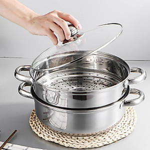 Steamer Pot for Cooking 11 inch Steamer Pot 2-tier Multipurpose 18/10 Stainless Steel Steam Pot Cookware with Lid for Vegetable, Dumpling, Stock, Sauce, Food