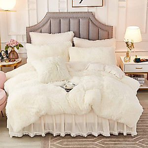 JAUXIO Luxury Long Faux Fur 3 PCS Bedding Set Shaggy Comforter Duvet Cover with Pillow Shams Ultra Soft Crystal Velvet Reverse (Queen, Cream)