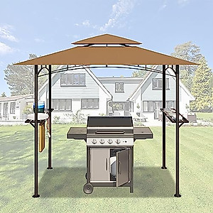 Outdoor Canopy Tent - 8 x 5 FT Grill Gazebo with Air Vent - BBQ Grill Party Tent with Shelves - Patio Canopy Tent - Double Tiered Soft Top and Rustproof Steel Frame - Hooks and Bottle Opener - Khaki