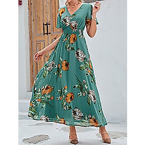 Simplee Women Casual Boho Floral Maxi Dress Flowy Long Wedding Guest Dress Holiday Beach V Neck Short Sleeve Maternity Dress (L Turquoise)