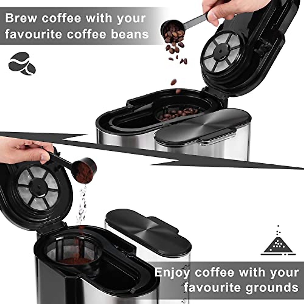 Grind & Brew 10 Cup Coffeemaker Automatic Coffee Maker with Grinder Built in Coffee Machine with Grinder Mill and Brew Coffeemaker with Glass Carafe for Family Home Office Kitchen