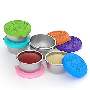 VOLCANOES CLUB Salad Dressing Container To Go - 6×1.5oz Mini Stainless Steel Food Storage Condiment Containers with Silicone Lids - Small Sauce Cups for Lunch Box - Leakproof Reusable Work School