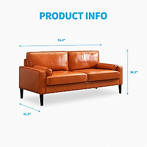 Mjkone 76" Upholstered 3 Seats Sofa, Cognac PU Leather 3-Seater Sofa Chair with Bolster Cushions, Faux Leather Brown Room Furniture, Modern Sectional Sofa Couch for Home Living Room/Apartment/Office