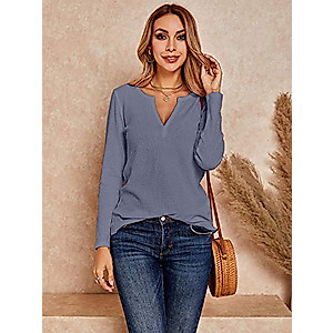 Womens V Neck Shirts Long Sleeve Waffle Knit Loose Fitting Warm Tee Tops Pullover Sweaters (Medium, Dark Blue)