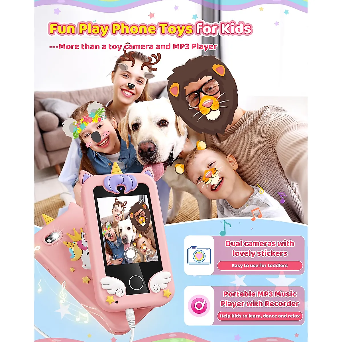 Kids Toy Smartphone, Gifts and Toys for Girls Boys Ages 3-8 Years Old, Fake Play Unicorn Toy Phone with Music Player Dual Camera Puzzle Games Touchscreen, Birthday, Kids Trip Activity
