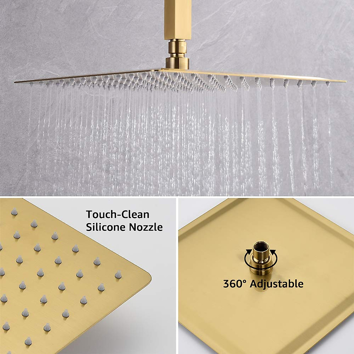 Iriber Ceiling Brushed Gold Rain Shower System with Waterfall Tub Spout 3 Function Shower Faucet Set Contain 12 Inch Shower Head and Handheld Brushed Brass Shower Trim Kit (Valve Included)