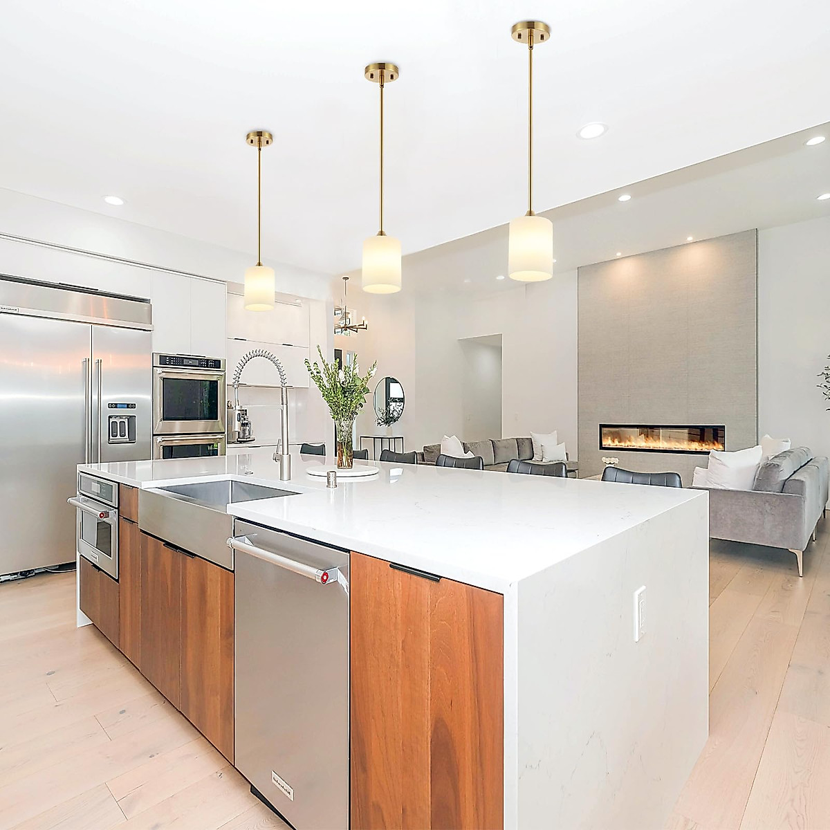 BYOLIIMA Modern Gold Pendant Light 3 Pack Brushed Brass Mid Century Chandelier White Cylinder Glass Shades Adjustable Rods Farmhouse Ceiling Hanging Lighting Fixture Kitchen Island Dining Room Bedroom