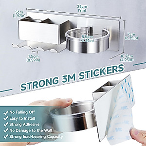 Oukimly Hair Dryer Holder Wall Mounted, Hair Tool Organizer, Stainless Steel Blow Dryer Holder, Adhesive Hair Dryer Hanger, Hairdryer Holder for Bathroom with Plug Hook and Storage Compartment