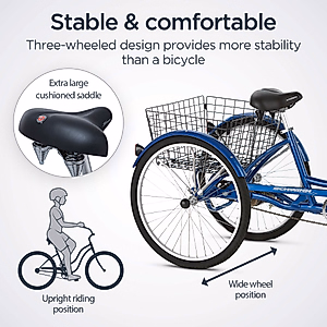 Schwinn Meridian Adult Tricycle Bike, Mens and Womens Three Wheel Beach Cruiser, 26-Inch Wheels, Low Step-Through Frame, Wide Seat, Rear Folding Basket, 1-Speed, Blue