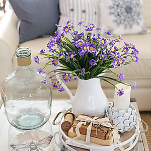 NAHUAA 4PCS Fake Daisy Flowers for Outdoor Purple Artificial Plastic Plants Greenery UV Resistant Shrubs Table Centerpieces Arrangements Home Kitchen Garden Spring Farmhouse Decor