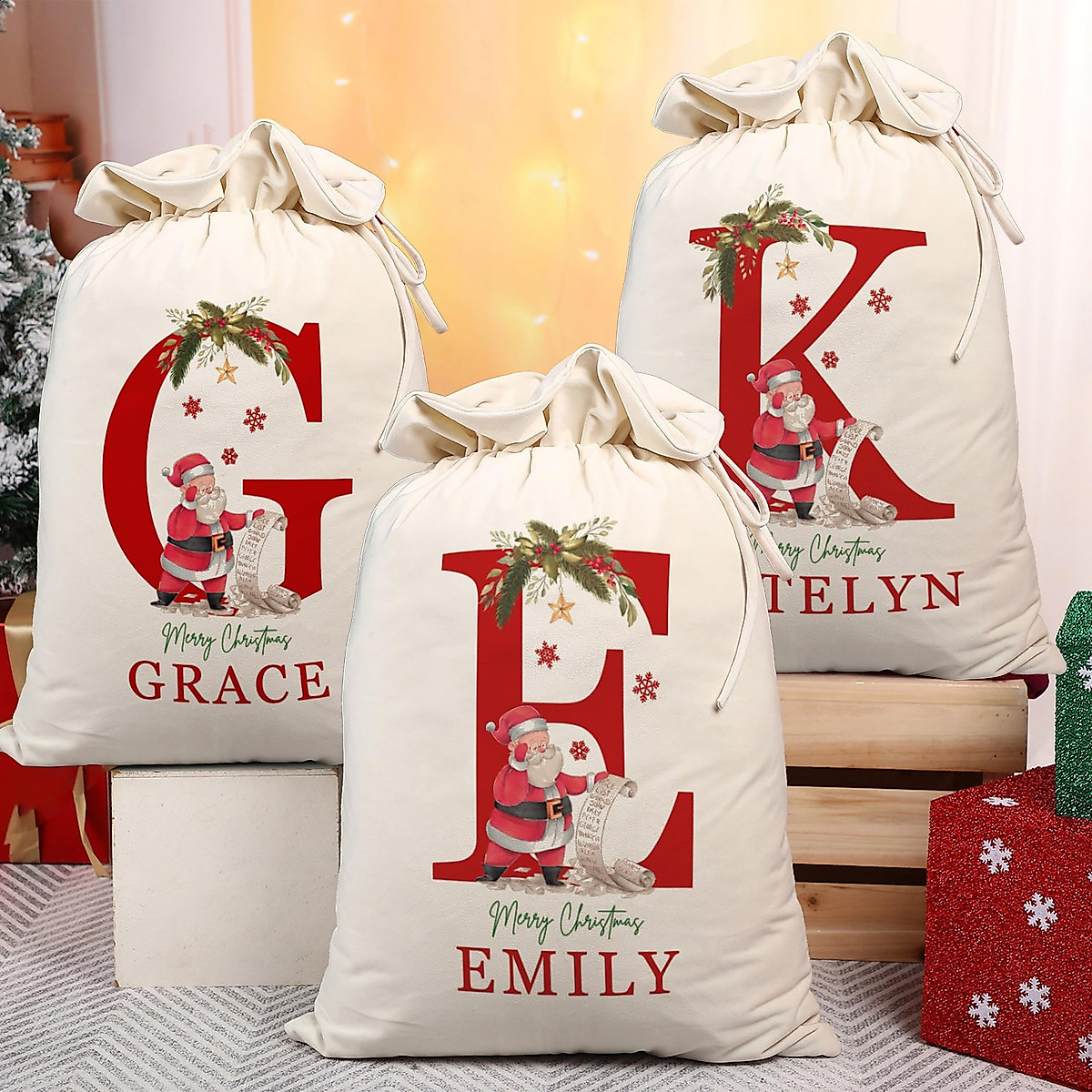 Personalized Santa Sack with Initial & Name for Kids Custom Christmas Gift Bags for Holiday Presents, Christmas Eve Box Large Sack Bags