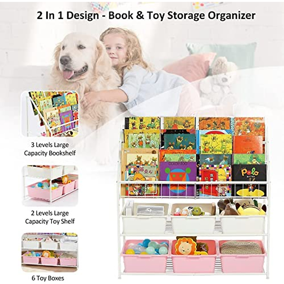 Large Kids Bookshelf With 6 Storage Box,5 Tier Metal Kids Bookcases Children's Toy Storage Rack, 6 Storage Drawer for Books Toys storage, Book Unit Storage Shelf for Playroom, Bedroom, Study Room.
