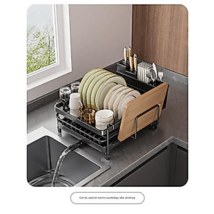 Taqargzy Dish Drying Rack Large Dish Drying Rack with Drainboard Set, Extendable Dish Rack, Utensil Holder, Cup Holder, Expandable Dish Drainer for Kitchen CounterCup Holder,(Black1)