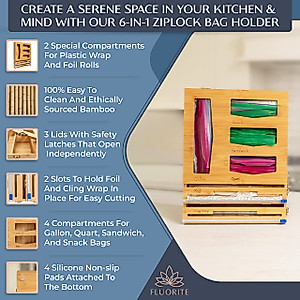 Plastic Wrap Dispenser with Cutter and Ziplock Bag Organizer, 6 IN 1 Bamboo Foil and Plastic Wrap Organizer For Kitchen Drawer, Ziplock Bag Storage Organizer for Gallon,Quart,Sandwich,Snack