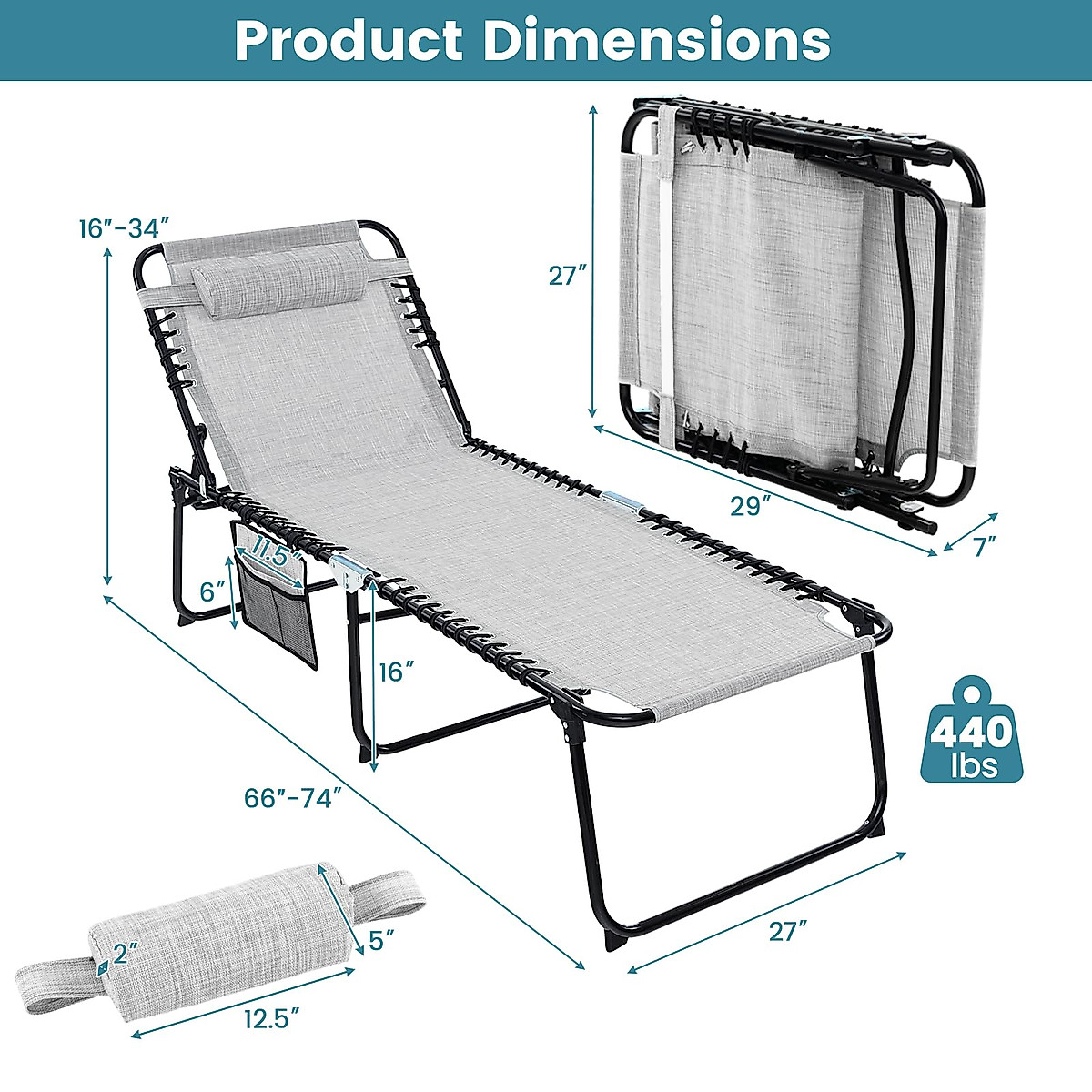 Goplus Chaise Lounge Chair Outdoor, Extra Large Folding 5-Postion Beach Lounge Chair with Detachable Pillow, Side Pocket, Sunbathing Lounge Chair, Adjustable Tanning Chair for Patio Lawn Pool Yard