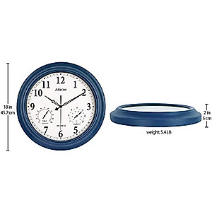 Outdoor Clocks with Thermometer and Hygrometer Combo, Waterproof Metal Wall Clock, Large Display Silent Non Ticking Battery Operated Clock for Garden/Patio/Pool/Lanai/Fence (18 Inch, Navy Blue)