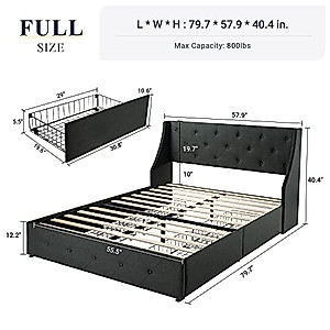 Allewie Full Size Bed Frame with 4 Storage Drawers and Wingback Headboard, Button Tufted Design, No Box Spring Needed, Dark Grey