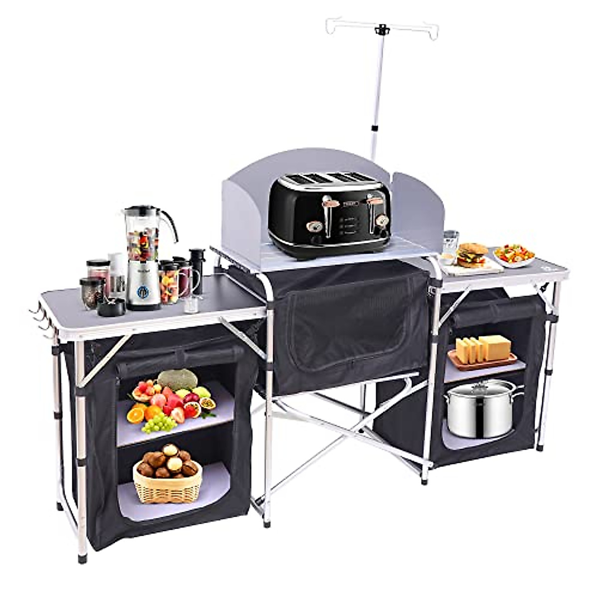 Nice C Camping Kitchen Table, Folding Table, Upgrade Light Stand and Windshield Cooking Station & 3 Organizers, Carry Bag for Outdoor, Beach, BBQ, Picnic, Cooking, Indoor, Office(Silver)