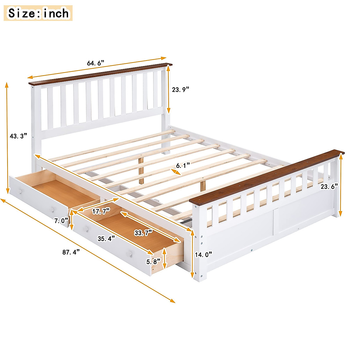 Bellemave Queen Bed Frame with 2 Storage Drawers Wood Platform Bed with Headboard & Footboard Panel Beds with Slats for Boys, Girls, Kids, Teens, White + Walnut