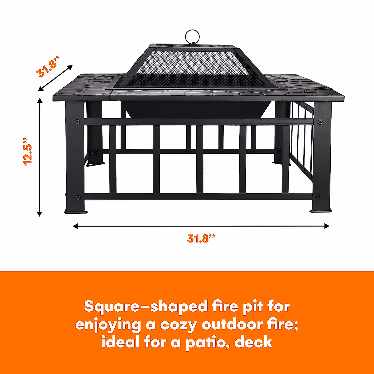 Zorestar 3 in 1 Metal Square Firepit (31.8"Dx31.8"Wx12.5"H-In) - Heavy-Duty & Portable BBQ Stove with Screen Cover & Poker - Wood Burning and Drink Cooling Fire Pit for Patio, Bonfire, Backyard, Deck