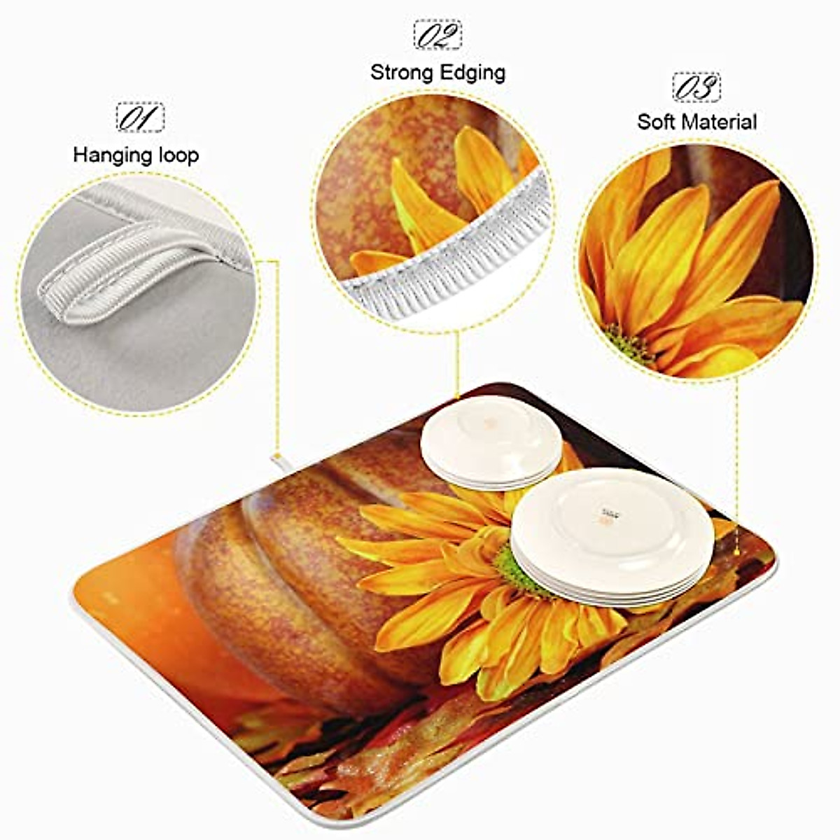 Vintage Pumpkin Sunflower Maple Leaf Dish Drying Mat for Kitchen Counter Microfiber Drying Pad, Reversible Drainer Mats for Countertop, Small 16" x 18"