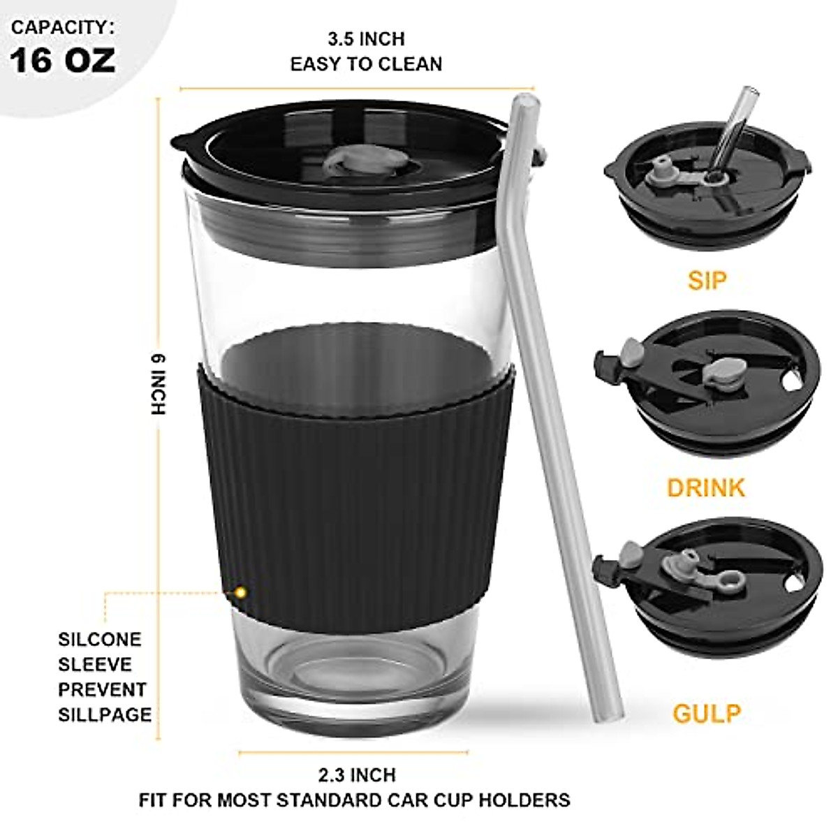Glass Tumbler with Lid and Straw, Leakproof Glass Cups with Lids and Straws, 3-Way to Drink Drinking Glasses, Iced Coffee Cup Silicone Sleeve Smoothie Cup, Boba Cup for Travel Office Picnic (black)