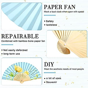 Roowest 50 Pack Handmade Paper Folding Fans with Gift Bags Thank You Card, Bamboo Handheld Folded Fan for Home DIY Office Decor Wedding Party Baby Shower Party Gift Accessories (Blue)