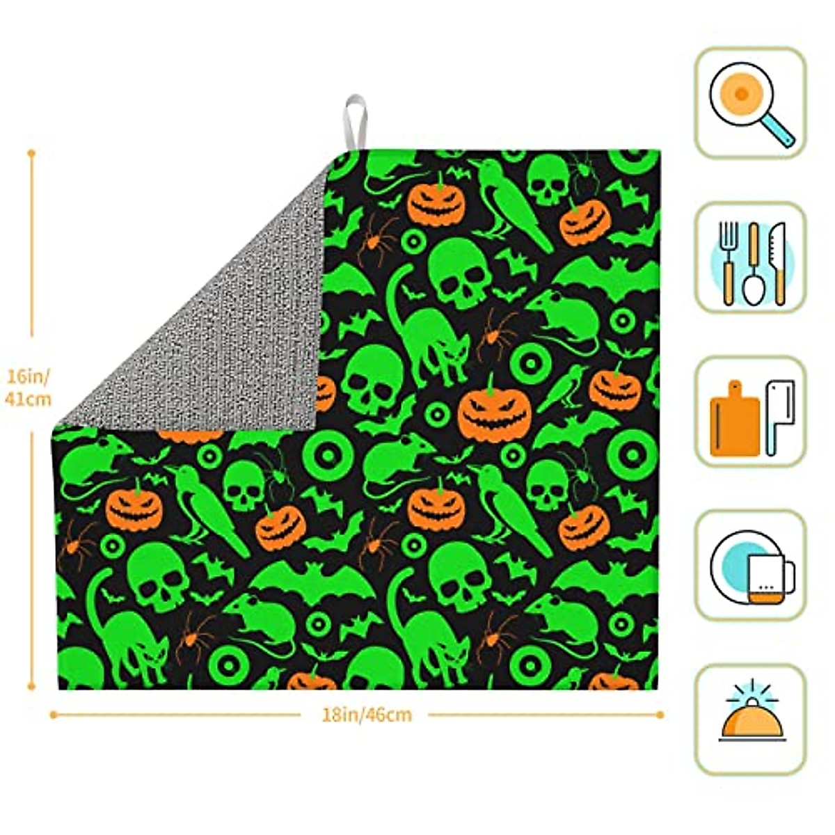 Green Ghost Horror Halloween Pumpkin Printed Drying Mat For Kitchen Ultra Absorbent Microfiber Dishes Drainer Mats Non-Slip Silicone Quick Dry Pad - 18 X 16inch
