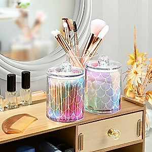 2 Pack Qtip Holder Dispenser for Cotton Ball Rainbow Scales Mermaid Cotton Swab Cotton Round Pads Clear Plastic Acrylic Jar Set Bathroom Canister