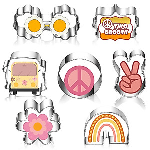 7 Pcs Mini Two Groovy Cookie Cutters Set, Hippie Cookie Cutter Peace Cookie Molds Stainless Steel Biscuit Cutter DIY, Small Flower Rainbow Sunglasses Bus Baking Molds Party Supplies for Kitchen Baking