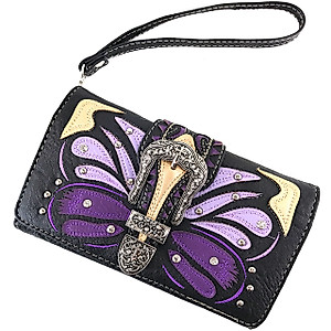 Zelris Buckle Abstract Butterfly Artwork Women Crossbody Wrist Trifold Wallet (Purple)
