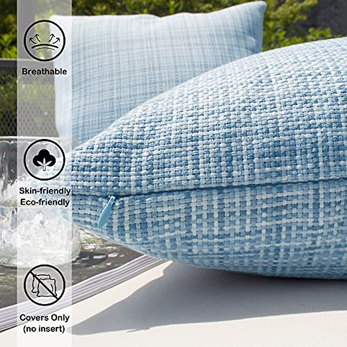 Kevin Textile Pack of 2 Decorative Outdoor Waterproof Pillow Covers Garden Cushion Sham Throw Pillowcase Shell for Patio Tent Couch 12x20 Inch Light Blue