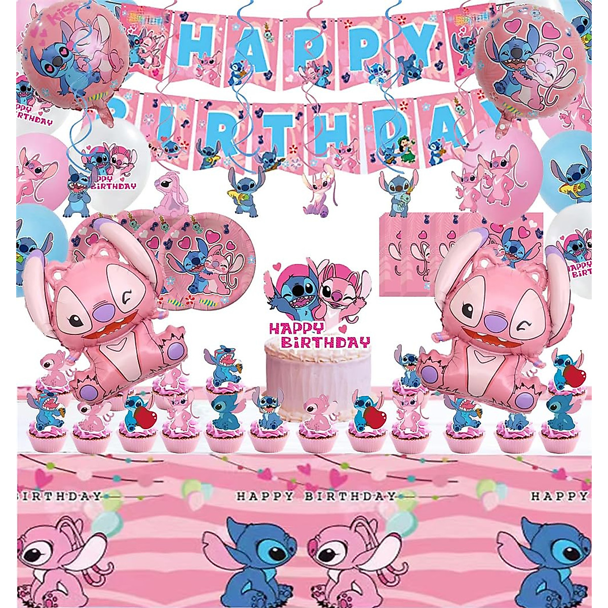 Pink lilo Birthday Party Supplies, Birthday Decorations Set Include Banner, Balloons, Cake Cupcake Toppers,Spiral Lifters,Plates,Napkins, Tablecloth for Girls and Boys Pink lilo Theme Party