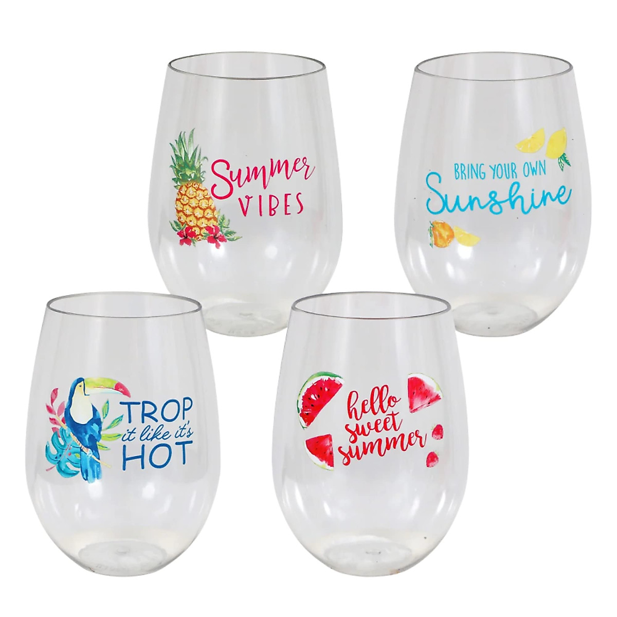 BFL Tropical Party Stemless Wine Glasses, 20oz Plastic Cups Reusable Shatterproof Drinkware Home Picnic Camping Summer Beach Pool Luau Hawaiian Themed Party Indoor Outdoor Pack of 4 (Design May Vary)