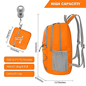 ZOMAKE Lightweight Packable Backpack 28L - Foldable Backpack Water-Resistant Collapsible Backpack Light Daypack for Hiking(Orange)