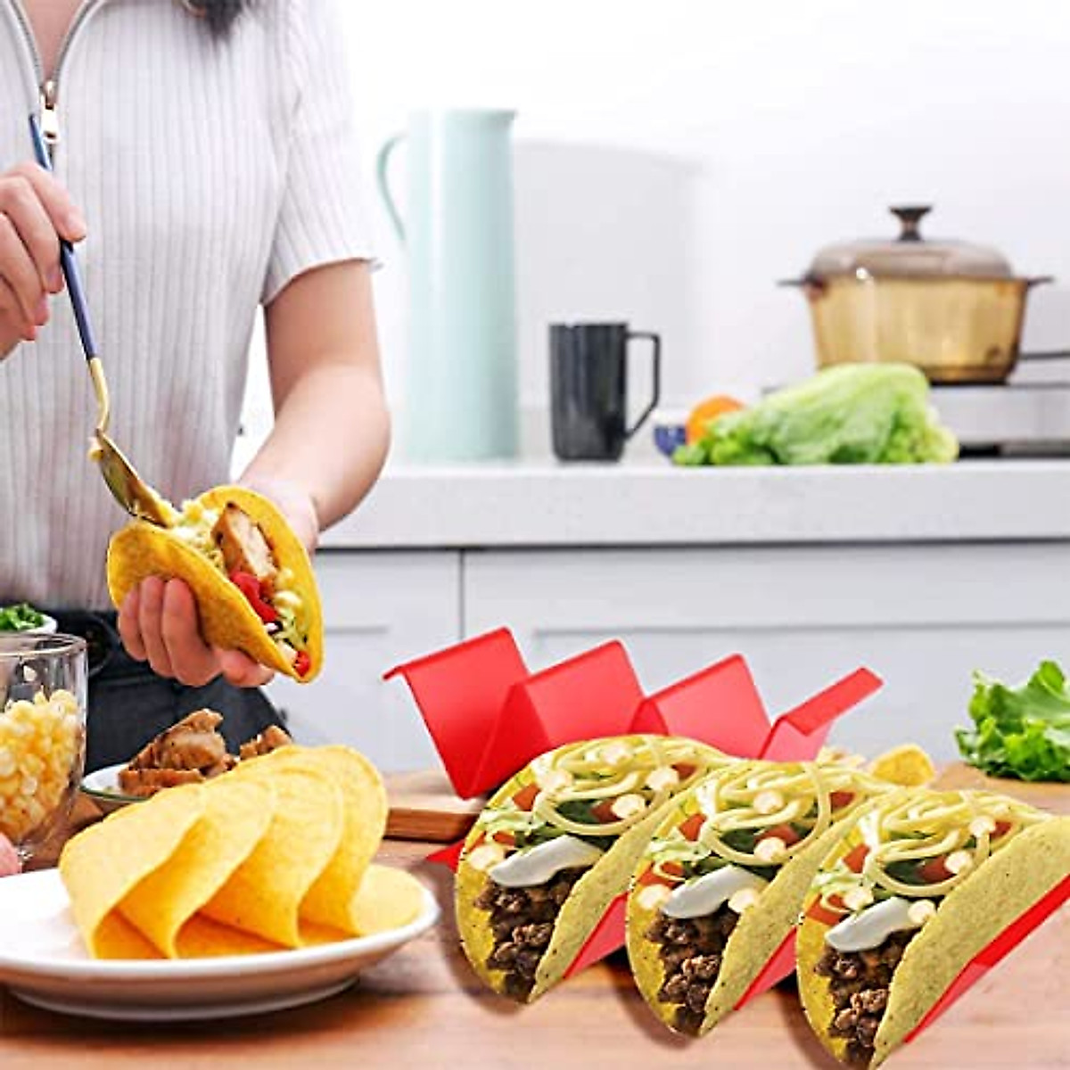 Taco Holder, Colorful Taco Holder Stands Set of 6, 𝟐𝟎𝟐𝟒 𝐔𝐩𝐠𝐫𝐚𝐝𝐞𝐝 𝐃𝐞𝐬𝐢𝐠𝐧 Taco Stands for 3 Tacos, Taco Shell Holder, Street Taco Rack, PP Health Material Very Hard Sturdy (Colorful)