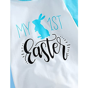 My 1st Easter Outfits Newborn Baby Boy Clothes Long Sleeve Rabbit Printed Rompers Jumpsuits Hoodies (White+Blue, 3-6Months)